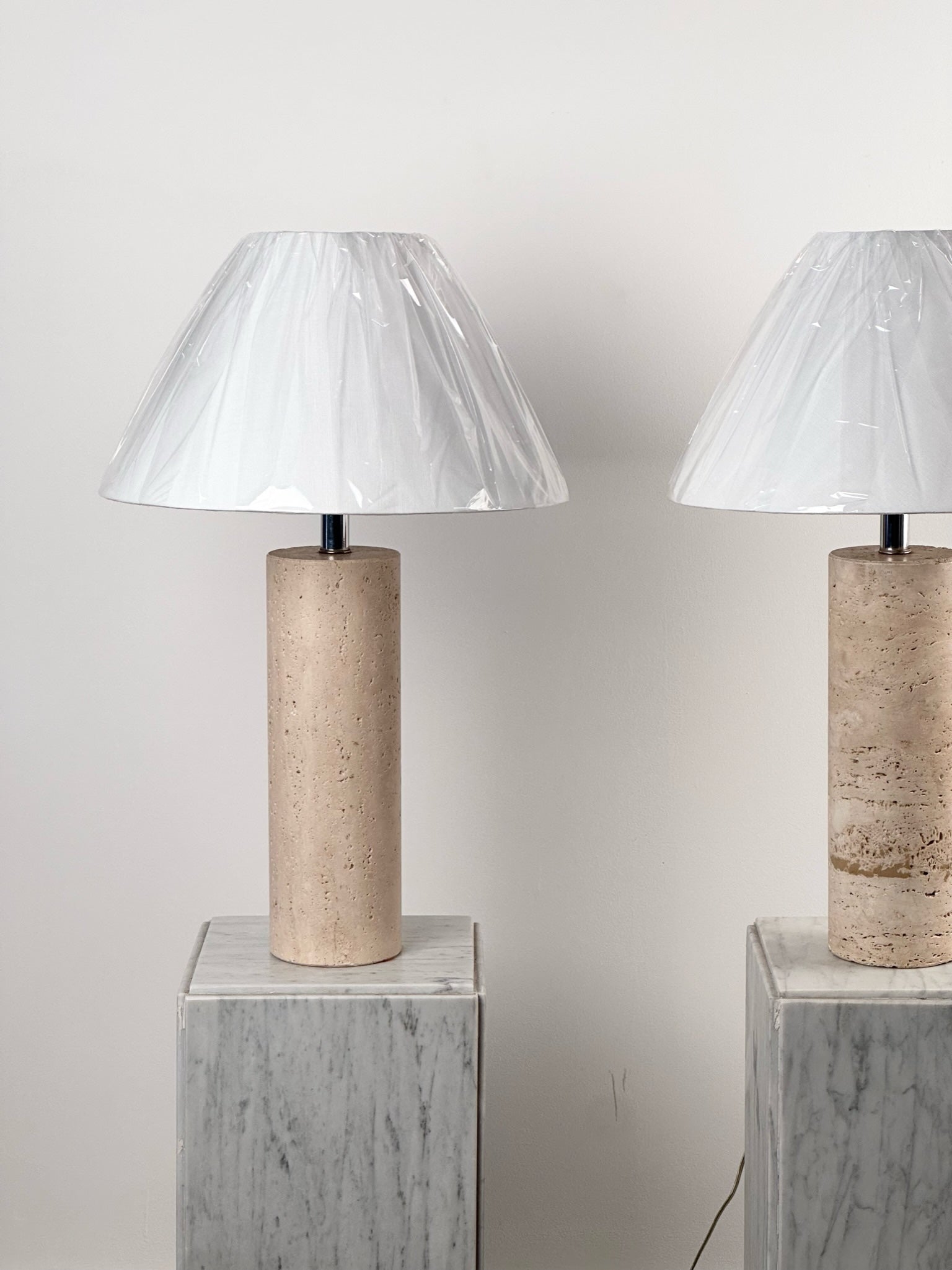 1980s Cylindrical Travertine Lamps with Chrome Hardware (Sold as Pair ...